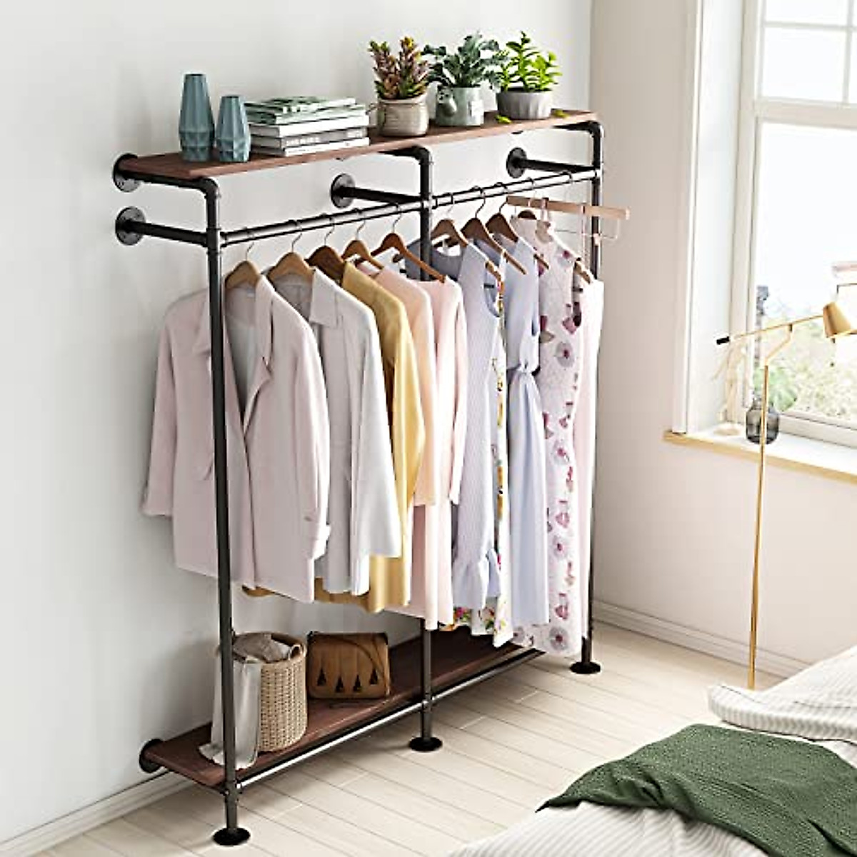 IronJiaZu Industrial Pipe Clothes Racks with 2 Shelves, Industrial Pipe Black Clothing Rack with Double Hanging Rods, Heavy Duty Wall Mounted Clothing Rack Rod for Closet Storage, Bedroom