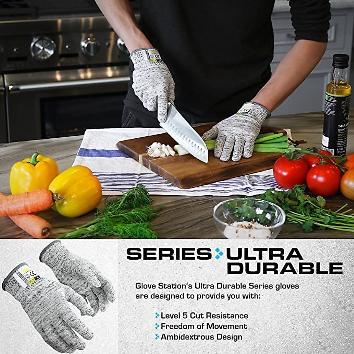 Glove Station Ultra Durable Series Cut Resistant Gloves - Cutting Gloves for Chefs, BBQ and Cooking - Level 5 Protection, Food Grade Safe Cut - Grey, Medium Size