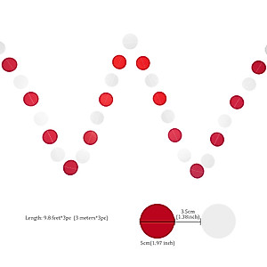 Red and White Paper Garland Circle Dots Party Garland Banner Streamer Backdrop Hanging Decorations, 2" in Diameter, Pack of 3, 30 Feet in Total