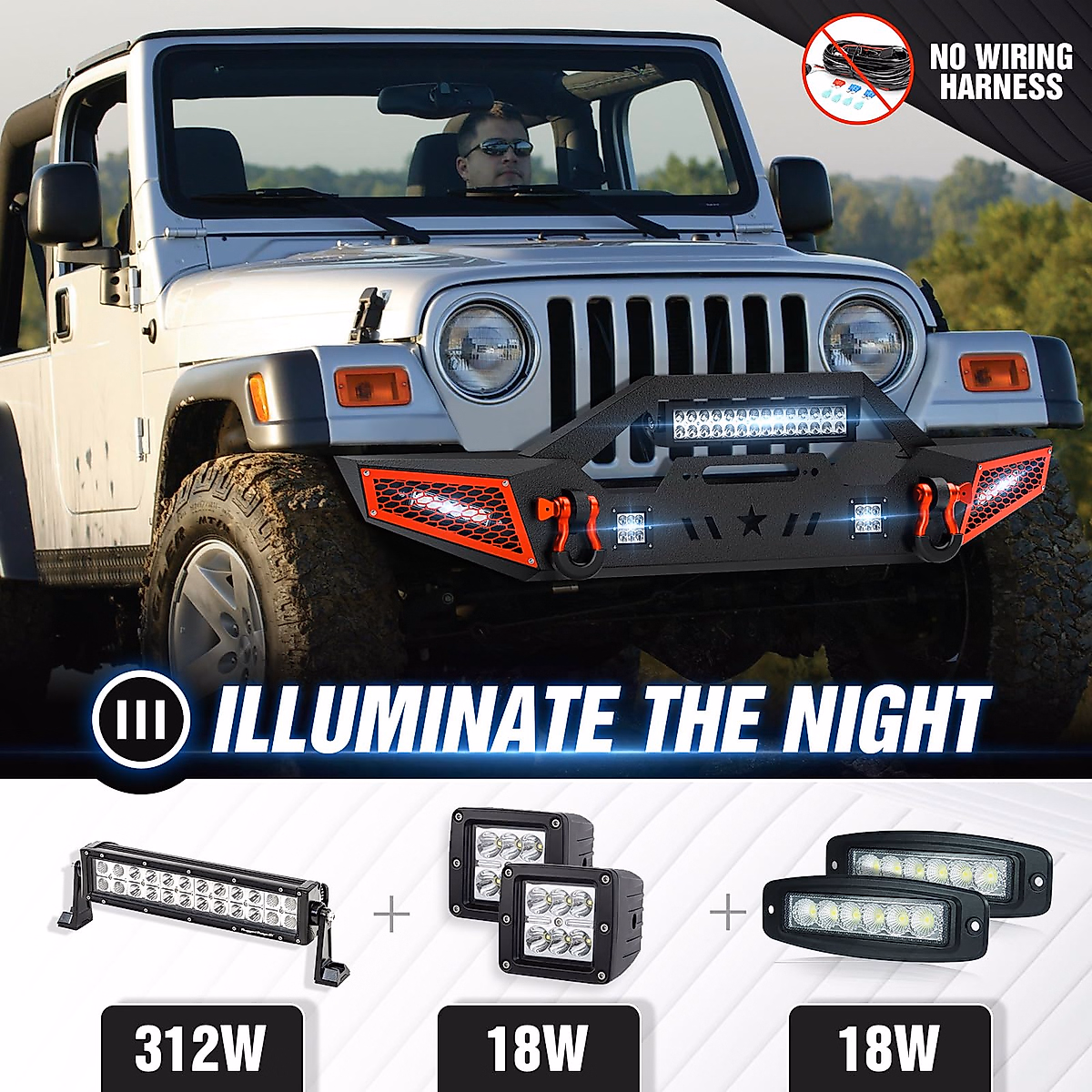 OBNAUX Front Bumper Compatible with 1987-2006 Jeep Wrangler TJ YJ LJ (2/4 Doors) Rock Built-in Winch Plate & D-rings