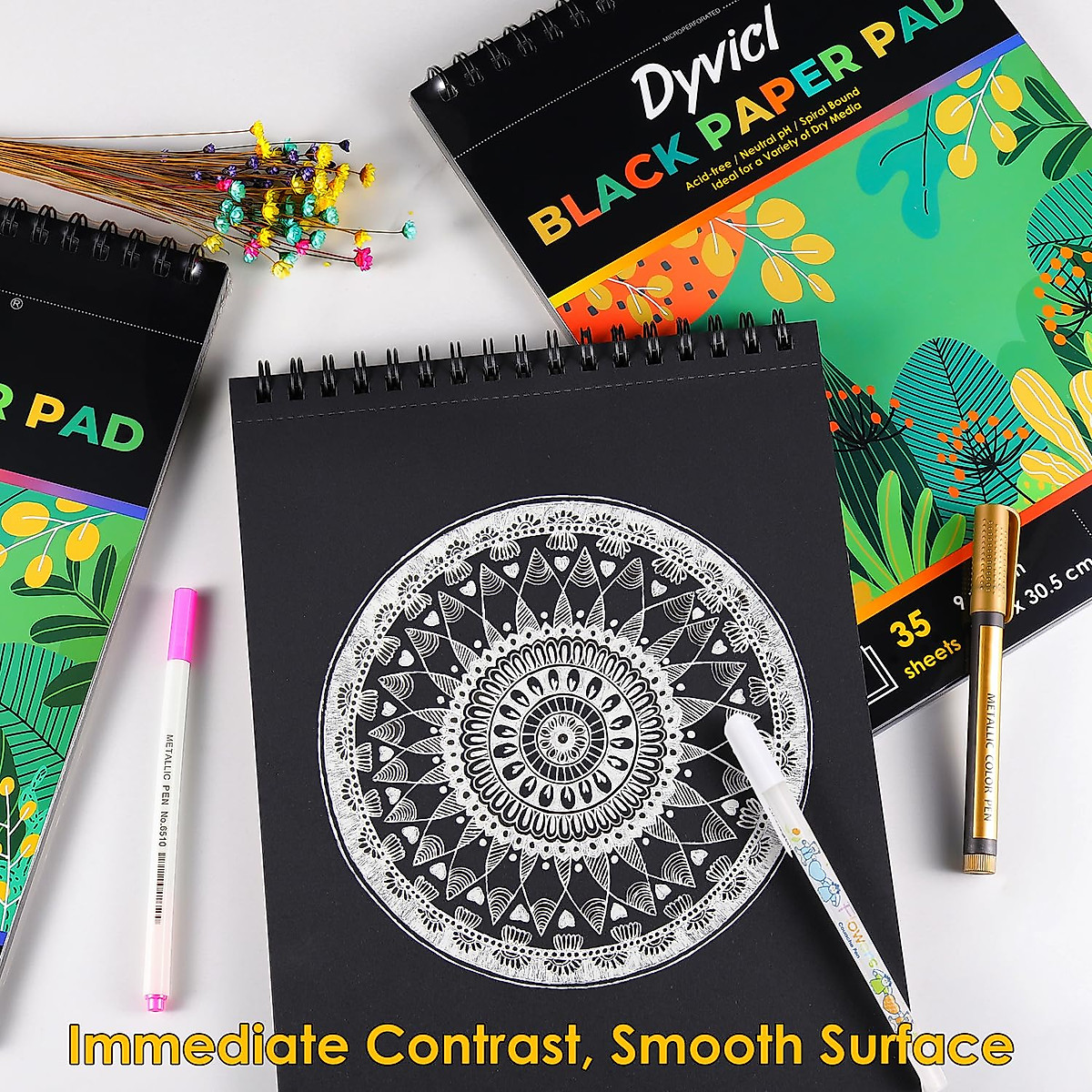 Dyvicl Black Paper Sketchbook 5.5"x8.5", 90 lb/150 GSM, 35 Sheets, Spiral Black Sketch Pad Drawing Paper for Pencil, Pastel, White Ink Gel Pen, Charcoal, Chalk, Metallic Marker, Paint Pen