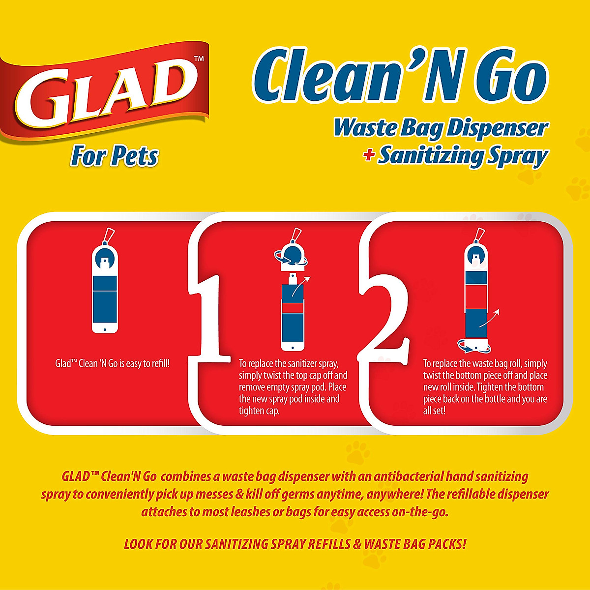 Glad for Pets Clean & Go Waste Bag Dispenser & Antibacterial Soothing Aloe Hand Sanitizer Spray | With Poop Bag Holder, 15 Bags in Tropical Breeze Scent & Mini Hand Sanitizer