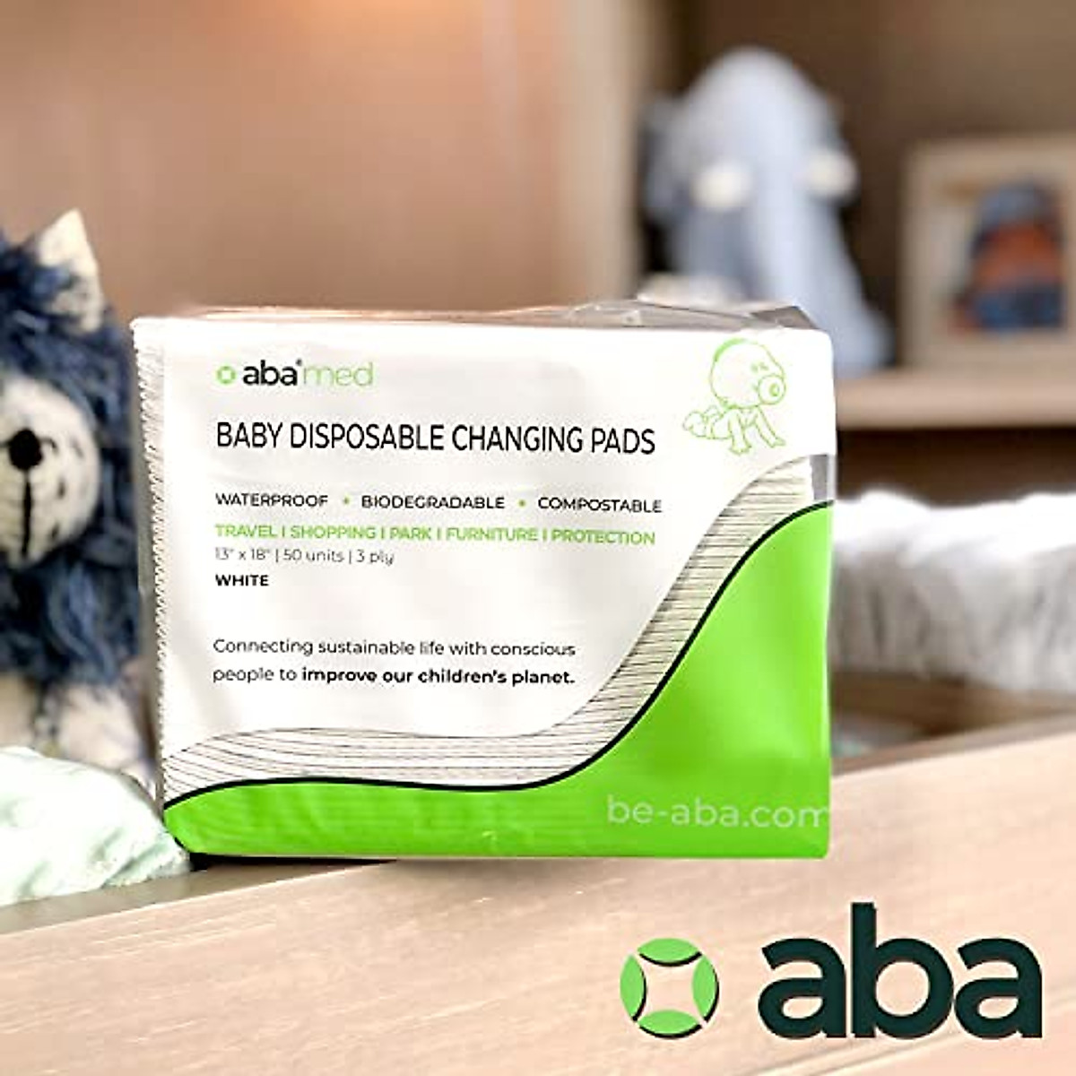 aba 50 Pack Compact Biodegradable Disposable Changing Pads Baby Disposable Underpads Waterproof Table Protector Mat, 18 Inch x 13 Inch