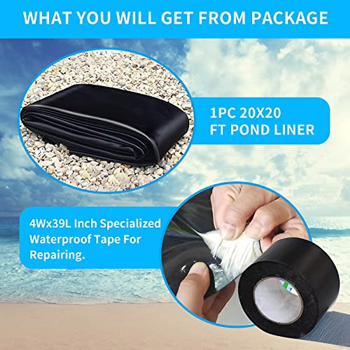 Coocure Pond Liner 20x20ft, LLDPE Garden Pond Liner, 20Mil Thickness Pond Liner for KOI or Fish, Duck and Waterscape.