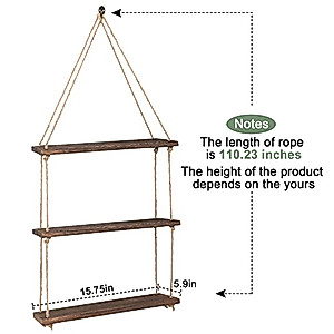 2 Sets Hanging Shelves for Wall 3 Tier Antique Wood Floating Hanging Shelf with Ropes Window Plant Shelves Rustic Storage Rack Wooden Floating Small Bookshelves for Bedroom Living Room Bathroom Decor