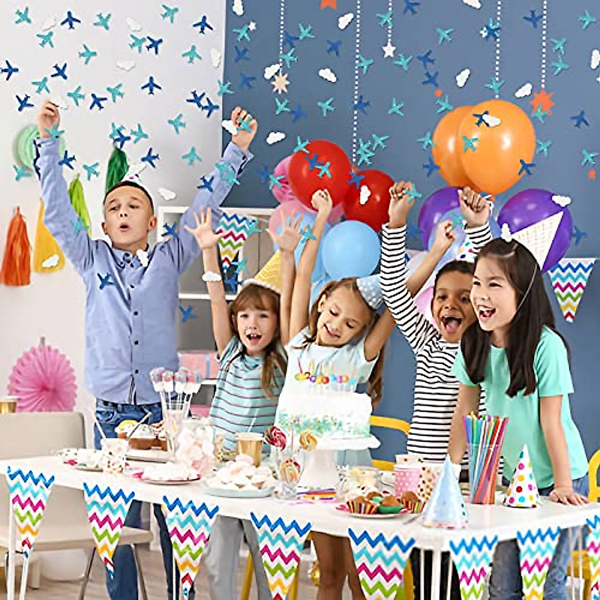 100pcs Glitter Cloud & Airplane Confetti, Plane Table Confetti, Baby Shower Party Decor, Boy Birthday Party Decorations, Clould Paper Scatter - Blue & White