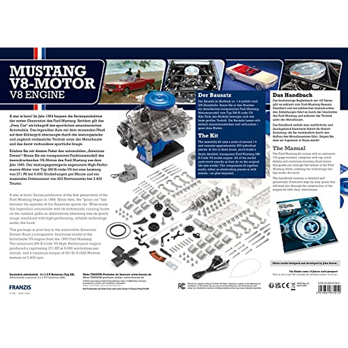 Franzis 1965 Ford Mustang K-Code 289 V8 Engine Model Kit with Collector's Book - Updated 2023 Version