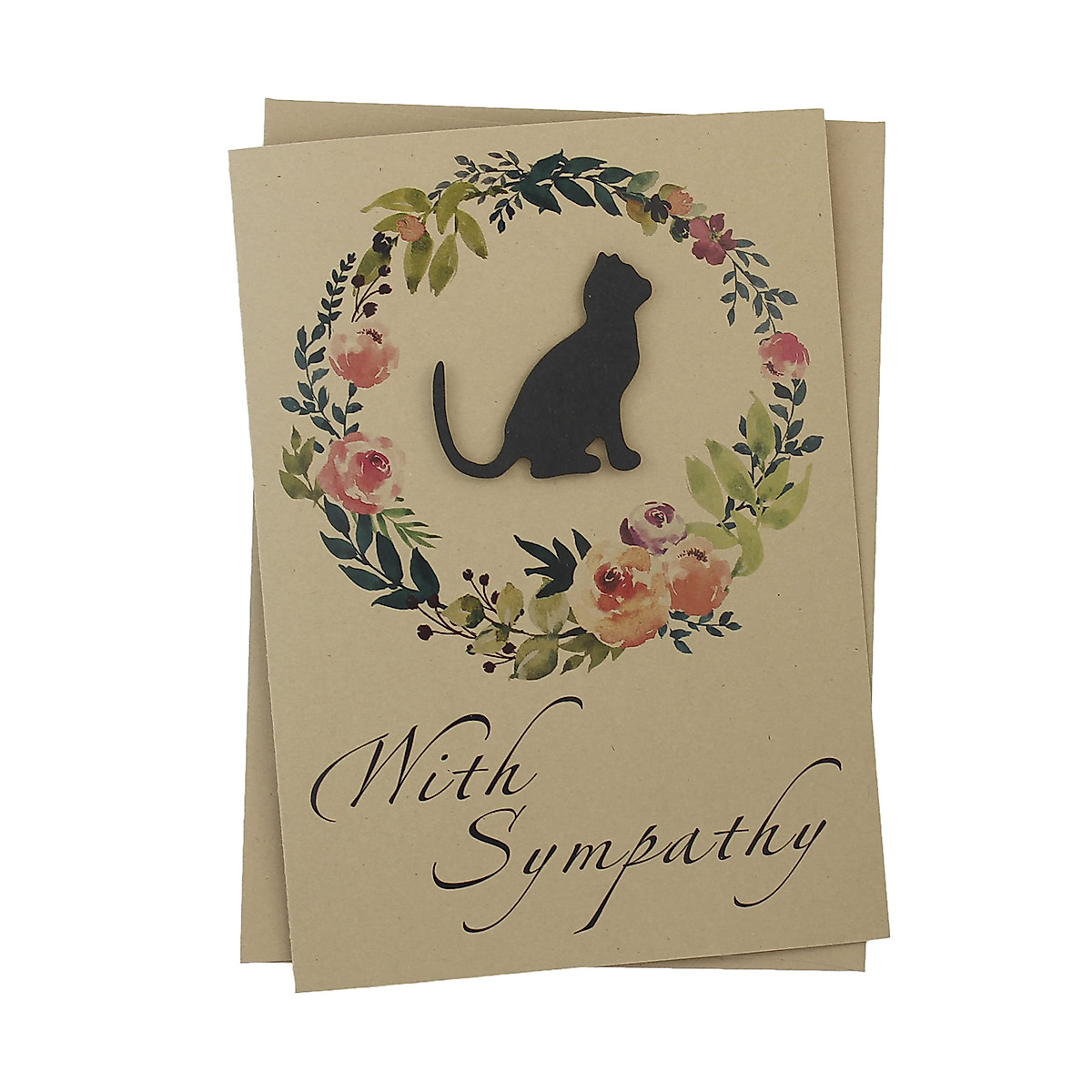 Black Cat Floral Wreath Sympathy Card | Handmade 5x7 Pet Condolences Greeting | Kraft Brown Watercolor Wreath