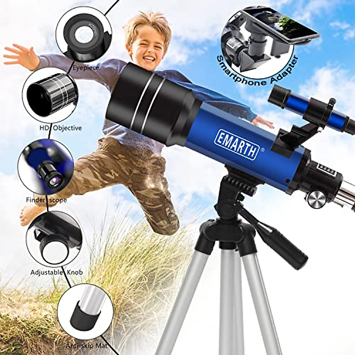 Telescope, 2 Eyepieces Portable Telescopes for Kid Adults Astronomy Professional Beginners with Finderscope, Tripod, Phone Adapter