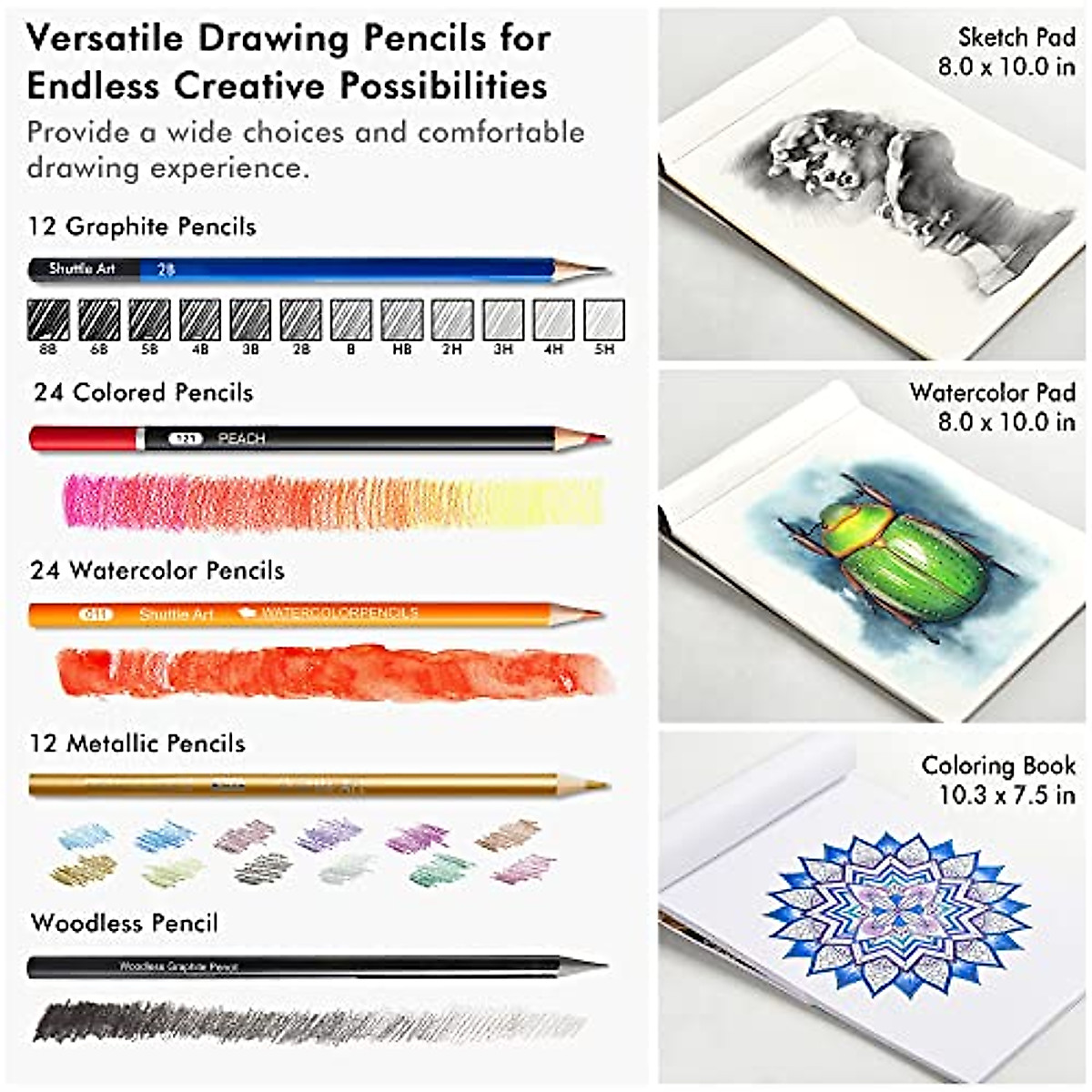Drawing Kit, Shuttle Art 103 Pack Drawing Pencils Set, Sketching and Drawing Art Set with Colored Pencils, Sketch and Graphite Pencils in Portable Case, Drawing Supplies for Kids, Adults and Artists