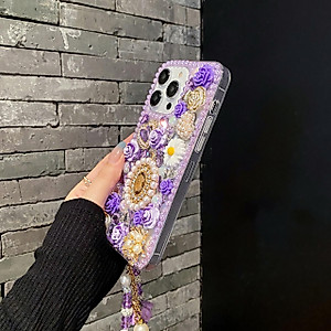 iFiLOVE for iPhone 14 Pro Max Bling Diamond Case with Flower Strap, 3D Luxury Sparkle Glitter Crystal Rhinestone Pearl Love Rose Wristband Bracelet Case Cover for Girls Women Kids (Champagne)