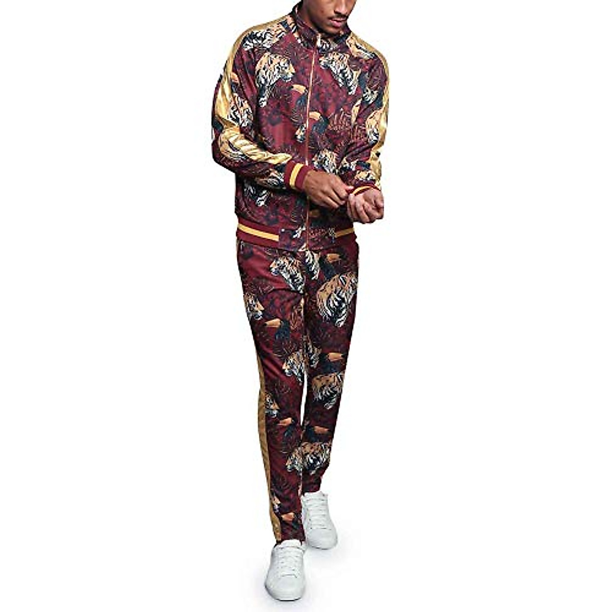 G-Style USA Men's Royal Floral Tiger Track Suit ST559 - Burgundy - 2X-Large