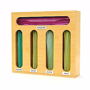 VenDotbi Bamboo Ziplock Bag Organizer for Drawer, Storage Bag Organizer, Plastic Bag Organizer 5 Slot Baggie Organizer for Kitchen Compatible with Gallon, Quart, Sandwich & Snack Variety Bags-Natural