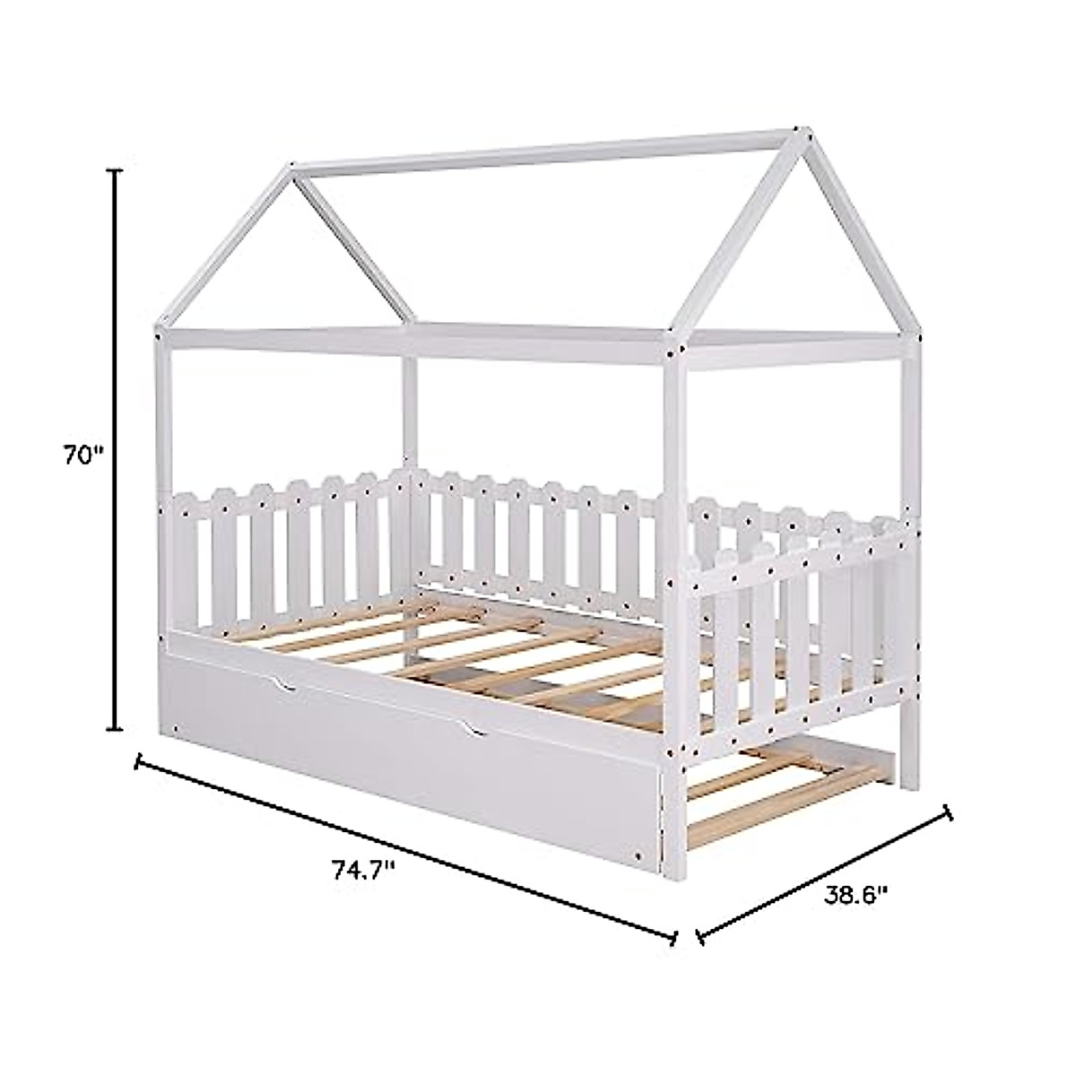KLMM Low Daybed for Kids, Floor Bed with Trundle Bed, House Shape Wooden Bed Frame with Fence-Shaped Guardrail and Roof, Bedroom Furniture, Can be Decorated, Tent, Twin (White+Fence-Shaped Guardrail)