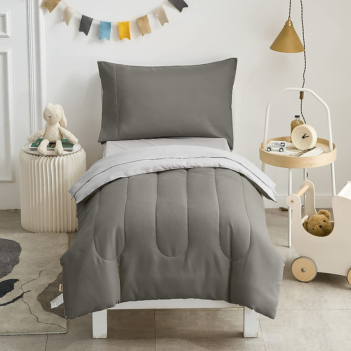 UOZZI BEDDING 4 Pieces Toddler Bedding Set Ultra Soft and Breathable Toddler Sheet Set - Includes Comforter, Flat Sheet, Fitted Sheet and Pillowcase - Dark Gray & Gray
