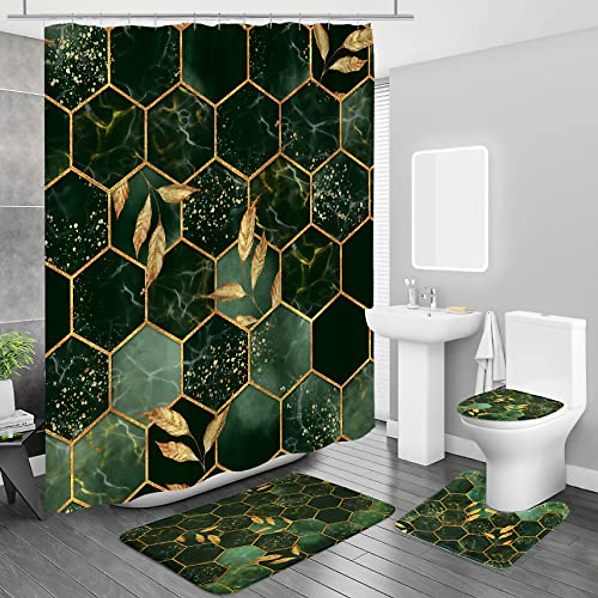 MitoVilla 4 Pcs Emerald Green Bathroom Sets with Shower Curtain and Rugs and Accessories, Modern Green Marble Bathroom Shower Curtain Sets with Rugs, Geometric Hunter Green Bathroom Decor Sets
