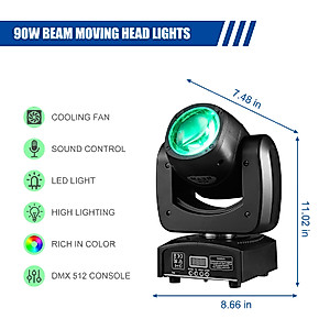 90W LED Moving Head DJ Lights Mini Beam Stage Lights with Sound Activated RGBW 4 In1 Super Bright Spot Light DMX Control for Wedding DJ Party Stage Lighting