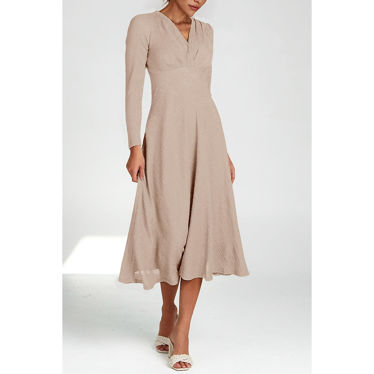 PRETTYGARDEN Women's 2024 Fall Midi Dress Casual Long Sleeve V Neck Cocktail Party A Line Flowy Dresses (Beige,X-Large)