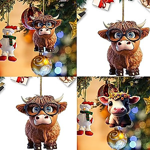 2Pcs Cute Cartoon Cow Car Pendant Home Tree Decoration, Christmas Tree Ornament, Home Decor,Highland Cow Pendants Christmas Tree Decorations