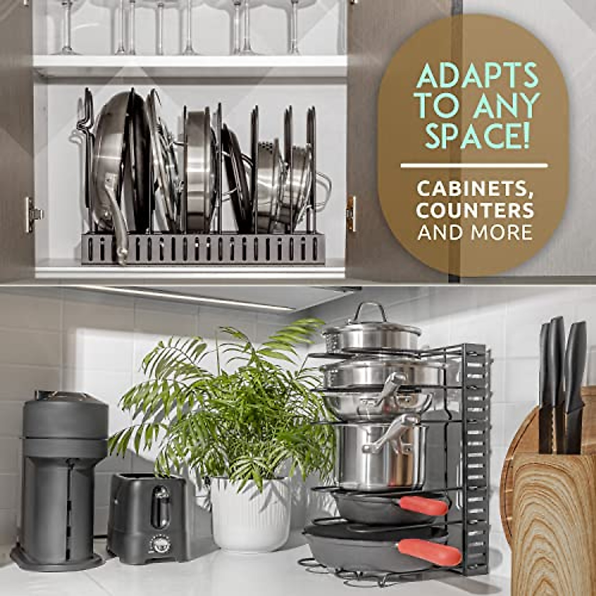 GeekDigg Pot Rack Organizer For Cabinet or Countertop, 3 DIY Methods Pot Rack, Height and Position are Adjustable 8+ Pots and Pan Lid Holder, Black Metal Kitchen Pantry Organizer Upgraded Version