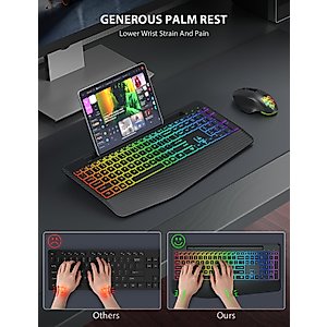 Wireless Keyboard and Mouse with 9 Colored Backlit, Wrist Rest, Jiggler Mouse, Rechargeable Silent Ergonomic Light Up Keyboard Mouse Combo with Phone Holder for Windows, Mac, PC, Laptop