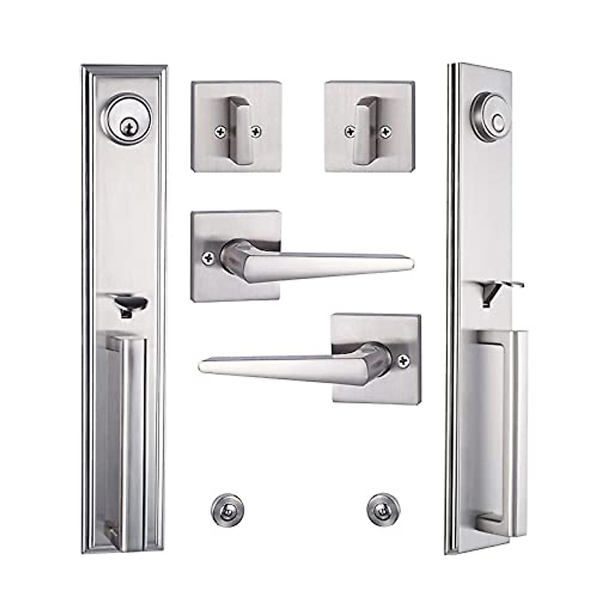 NEWBANG Satin Nickel Door Handle, 2 Pack Lever Front Lock Set2011-SN-SET and HTL02-SN-PS Handleset with Lockset (Double Handleset, 1 + Lever, Nickel)