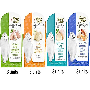 Purina Purely Fancy Feast Appetizers Cat Treats Flavor Variety Sampler Bundle of 12 Containers, (1.1 Ounces Each) with a Bundle a Plastic Noisy Cat Toy Ball and WMB's Sticker.
