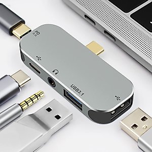 Poyiccot USB C HUB with Audio Jack, 5-in-1 USB C HUB Multiport Adapter, with 3.5mm Audio/Mic Port, 100W Power Delivery USB C Port, 5Gbps USB 3.0 & 2.0 Port, USB C HUB for Laptop, MacBook