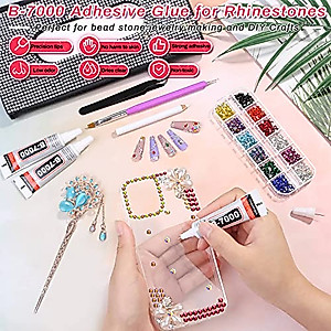 Rhinestones Adhesive Glue for Fabric, 2100Pcs 12 Color Craft Rhinestones Flatback with B7000 Glue Adhesive, Glass Gemstones with Tweezers for Craft, Jewelry, Makeup, Cloth Shoes and Nail Art