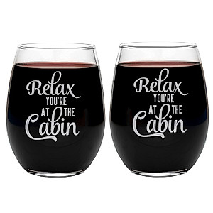 Log Home Decor Stemless Wine glasses Set of Two - Gifts for the Cabin - Retirement Gifts for Men