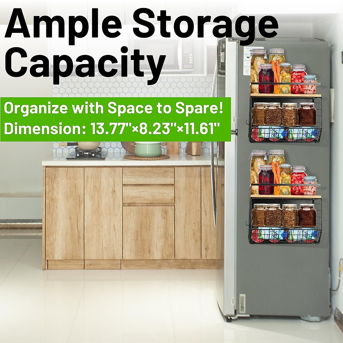 2 Set Magnetic Shelf for Refrigerator with Wood Lid, Fruit Potato & Onion Storage Bins, Pantry Organizers & Storage, Large Container Magnetic Spice Rack for Refrigerator, Kitchen Counter, Cabinet