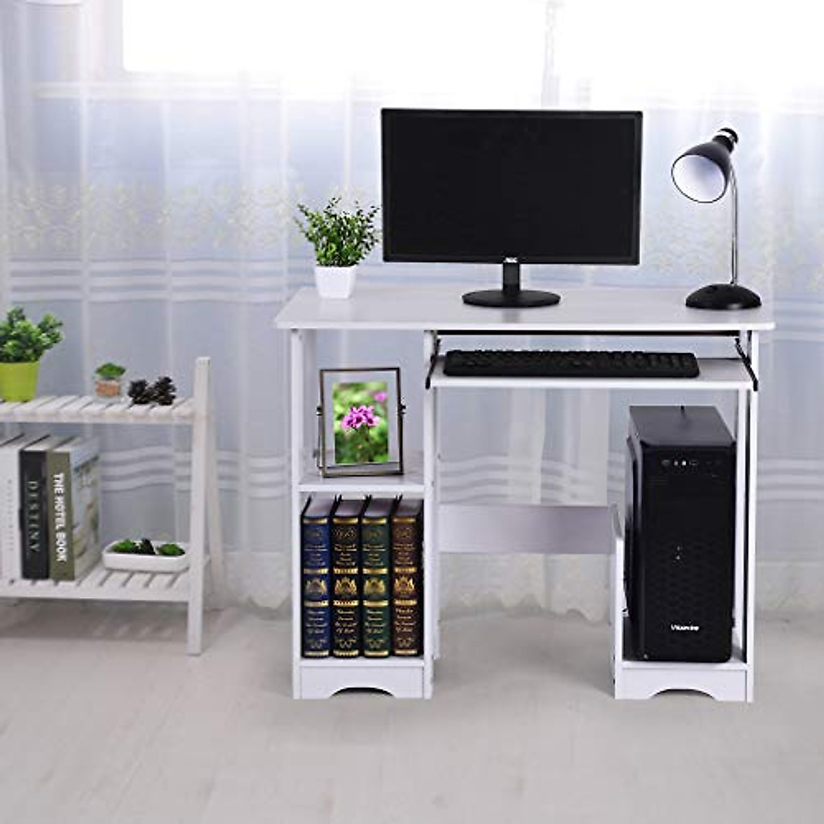 OKBOP Desktop Home Computer Desk with Storage Shelves Keyboard Tray, Modern Writing Desk Wood Student Study Table Notebook Workstation, White Small Office Desk (White)