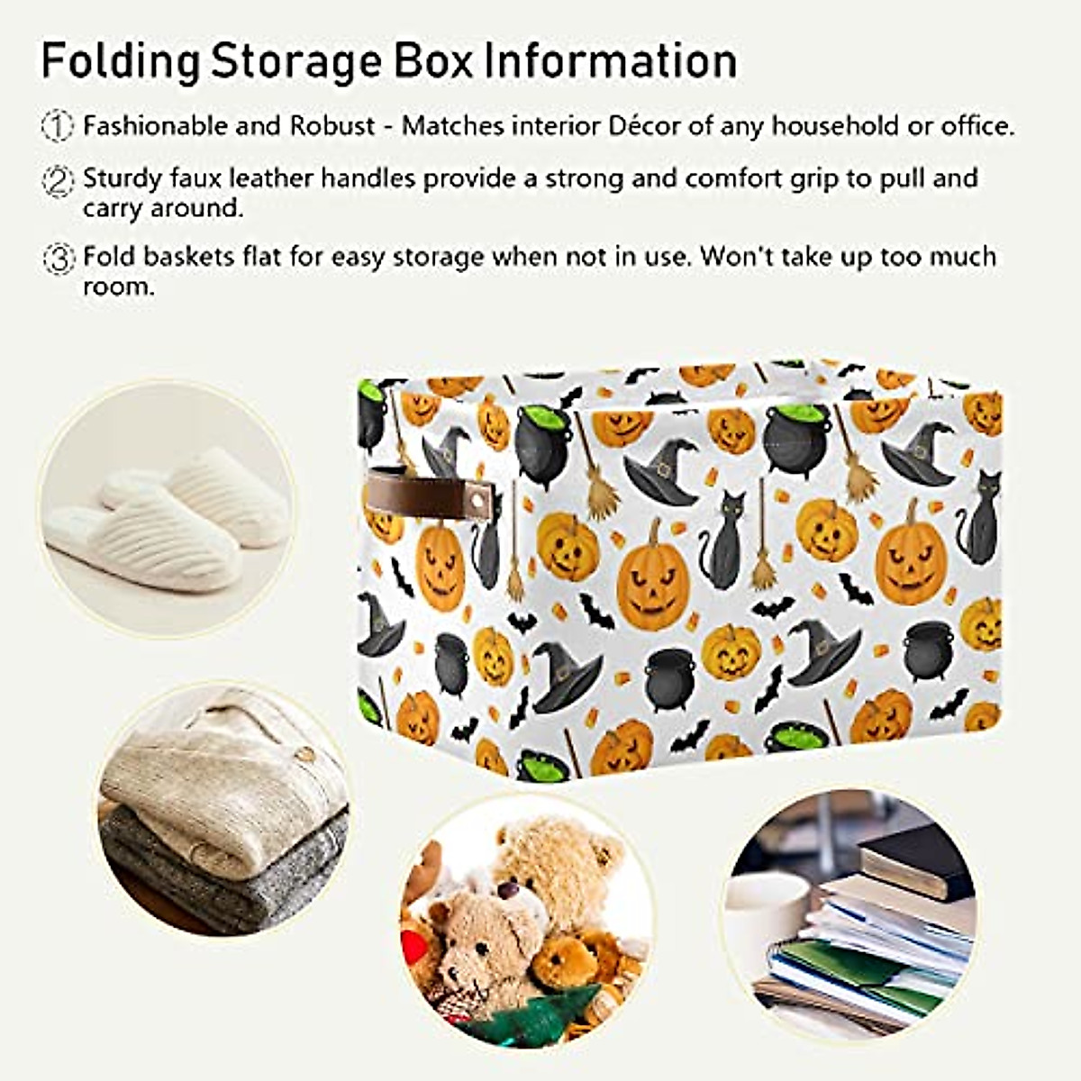 senya Halloween Basket, Large Foldable Storage Basket with Handles Halloween Pumpkin Black Cat Ghost Bat Pattern Fabric Collapsible Storage Bins Organizer Bag for Storage Toy Storage