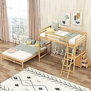 KoiHome Twin Over Full Bunk Bed with Built-in Desk and Three Drawers, Wood Bunk Bed with Full-Length Guardrail & Solid Slat Support for Kids,Teens Bedroom, No Box Spring Needed, Natural