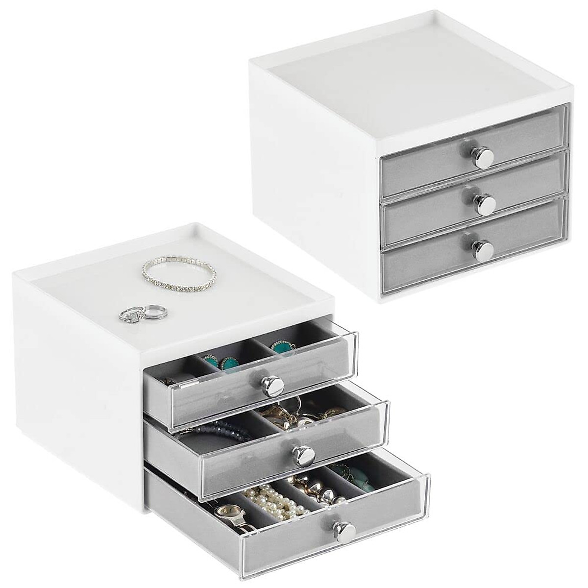 mDesign Plastic Small 3-Drawer Jewelry Organizer Box for Storage on Dresser, Vanity, Countertop - Holds Earrings, Bracelets, Necklaces, Bangles, Rings, 2 Pack - White/Gray
