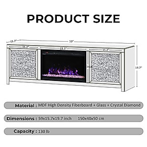 ENENE Mirrored TV Stand with Fireplace-10 Colors Changing Crystal Electric Fireplace tv Stand for 65 inch TV Electric Fireplace Entertainment Center for Living Room (Remote Control & 3D Flame)