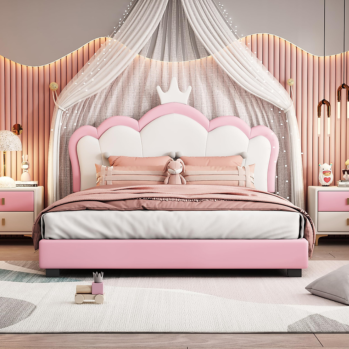 Full Size Upholstered Princess Bed with Crown Headboard,Full Bed Frames for Girls Full Bed Frame Girl Full Size Bed Frames for Girls