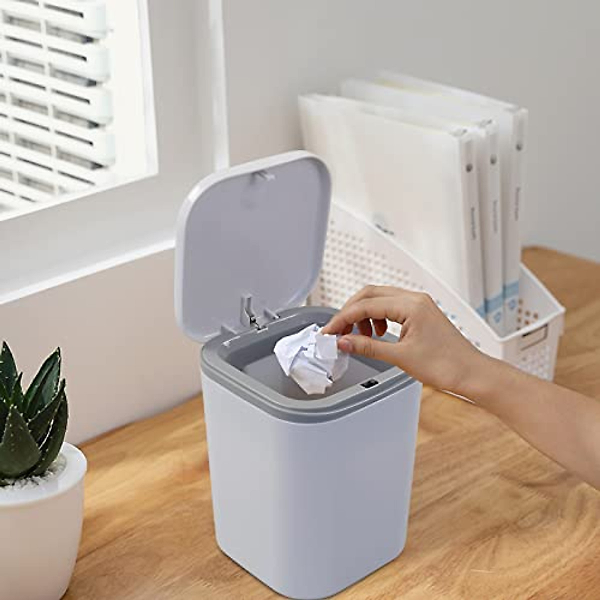 Idomy 0.5 Gallon Tiny Desktop Push-Button Trash Can, Mini Garbage Can, Gray