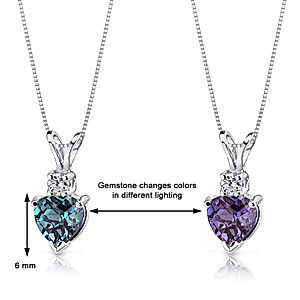 PEORA 14K White Gold Created Alexandrite with Genuine Diamond Pendant for Women, Color-Changing Solitaire, 1 Carat Heart Shape AAA Grade