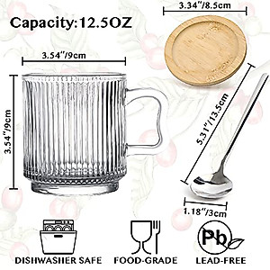 LETINE Clear Glass Coffee Mug with Lids (12.5 oz) - Insulated Coffee Mugs Tea Cup with an Espresso Spoon. Perfect for Latte, Cappuccino, Tea. Gift for Women & Men in Birthdays, Holidays