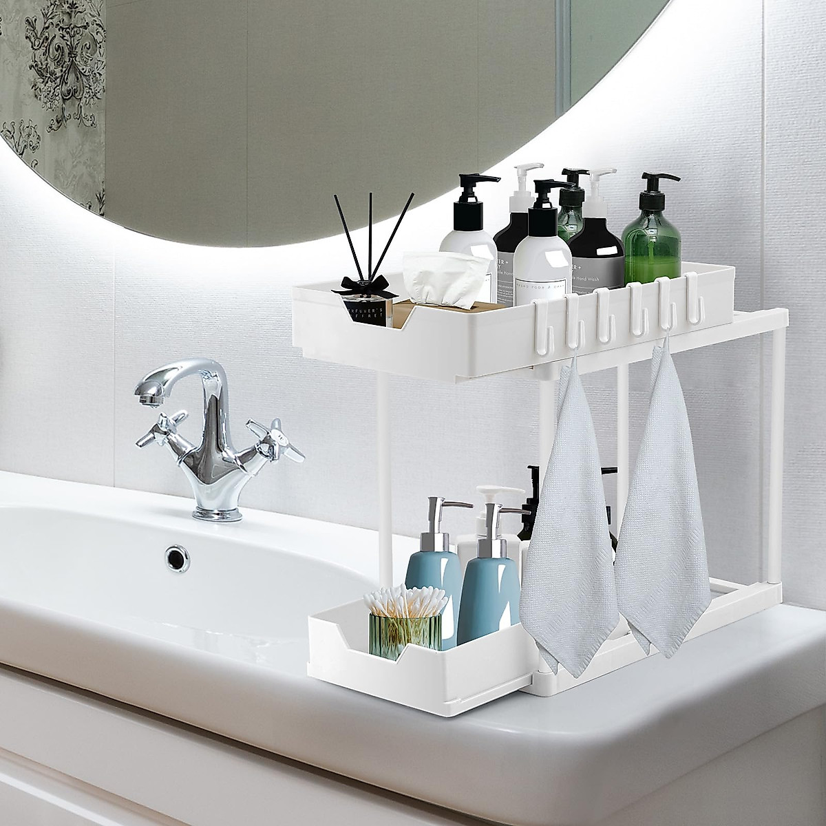 2-Tier Under Sink Organizer Storage, Double Sliding Under Cabinet Basket Organizer with 2 Pull Out Drawers & 4 Hooks, Multi-Purpose Under Shelf Organizer for Bathroom Kitchen (White, 2 Pack)