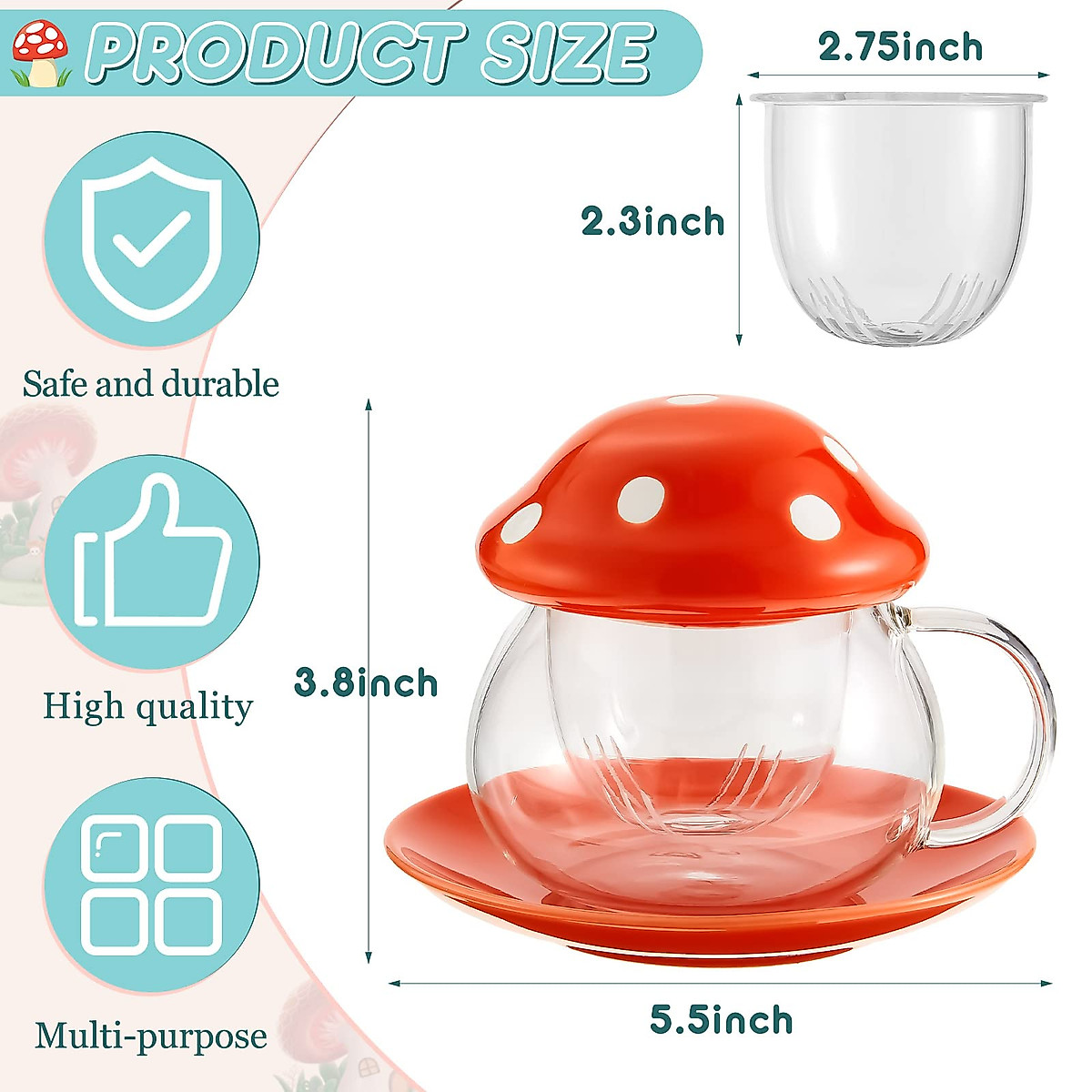 Tessco 2 Pieces Mushroom Cup Cute Glass Tea Cup Mushroom Mug with Filter Infuser and Lid Mushroom Coffee Teapot with Ceramic Lid Coaster Heat Resistant for Christmas, 9.6 oz(Pink, Orange)