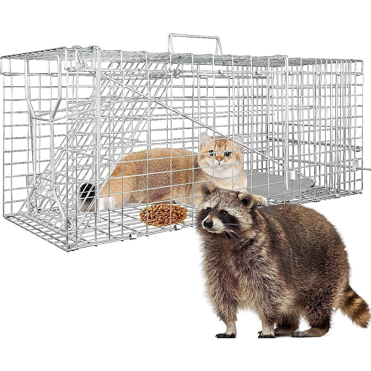 32" Live Animal Cage Trap, Humane Cat Trap Galvanized Iron,Heavy Duty Folding Animal Trap with Handle for Rabbits, Stray Cats, Raccoons,Groundhogs and Opossum(32 * 12 * 12.5inch)