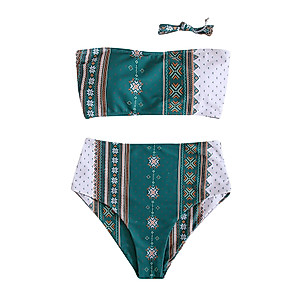 Floerns Women's Boho Two Piece High Waist Bathing Suit Bandeau Swimsuit Dark Green Multi M