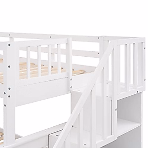 BIADNBZ Twin Over Full Bunk Bed with Stairs Storage and Safety Guardrails, Solid Wood Bunkbeds Frame for Kids Teens Adults Bedroom Dorm, White