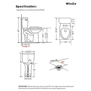 WinZo WZ5888 Elongated Two Piece Toilet with Extra Tall Bowl 21.25” Comfortable 1.28 GPF Side Flush White