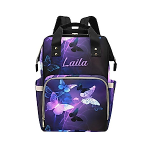 XOZOTY Fantasy Purple Butterfly Diaper Bags Backpack with Name Personalized Baby Bag Nursing Nappy Bag Travel Tote Bag Gifts
