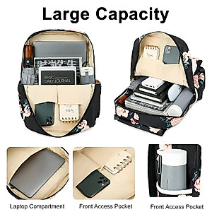 LEDAOU School Backpack for Teen Girls Laptop Backpacks 15.6 inch Floral Daypack Women Bookbag School Bag for College Travel (Floral Black)