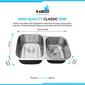 KABCO 32 Inch 18 Gauge Undermount Stainless Steel Classic Kitchen Sink, Rust Resistant, Sound and Heatproof, Double Unequal Bowl Swirl Finish Sink with Sink Strainers, Garbage Baskets and Sink Grids