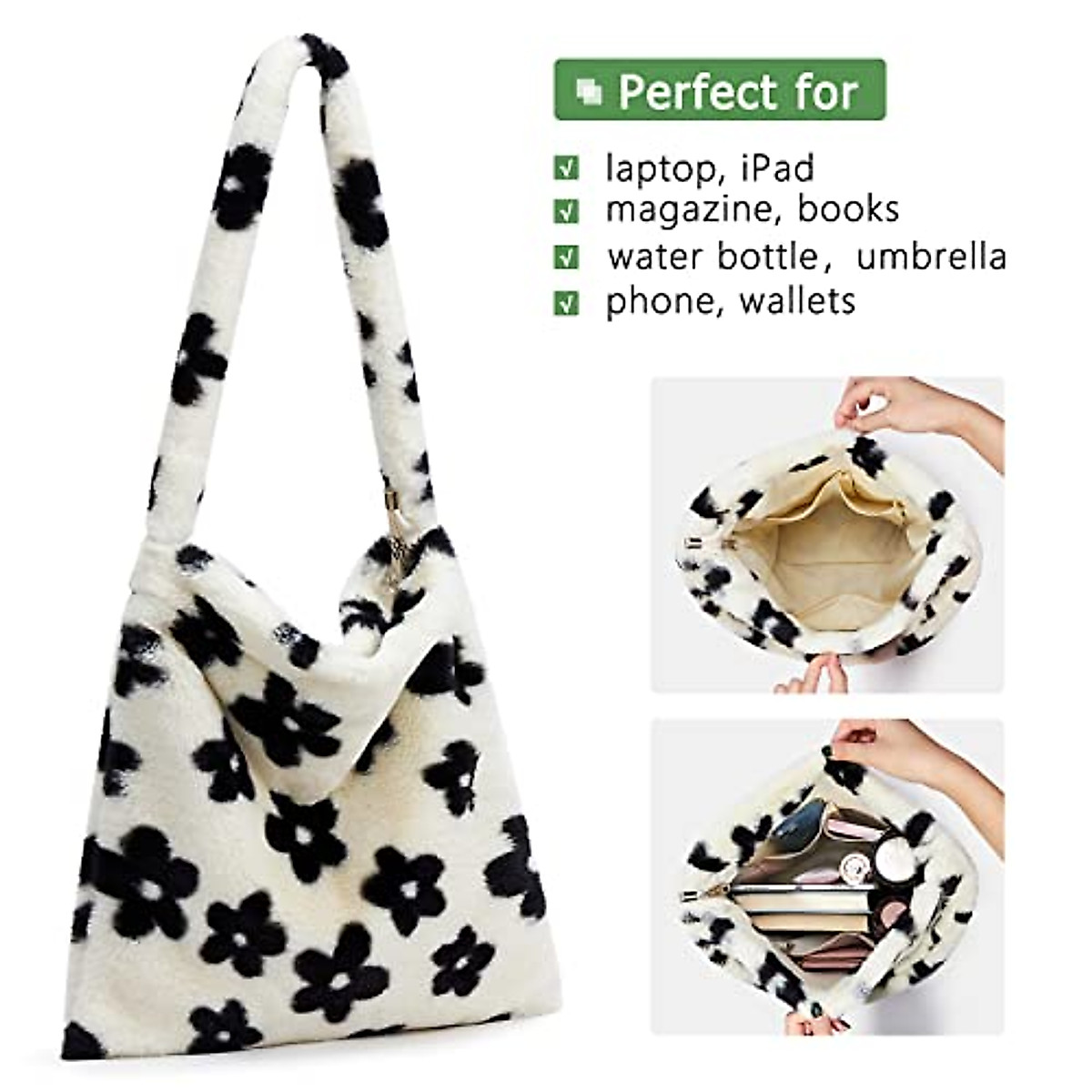 Fluffy Furry Tote Bag Large Fuzzy Bag Cute Y2K Plush Bag with Zipper Fashion Women Girl Handbag Faux Fur Shoulder Purse for Autumn and Winter